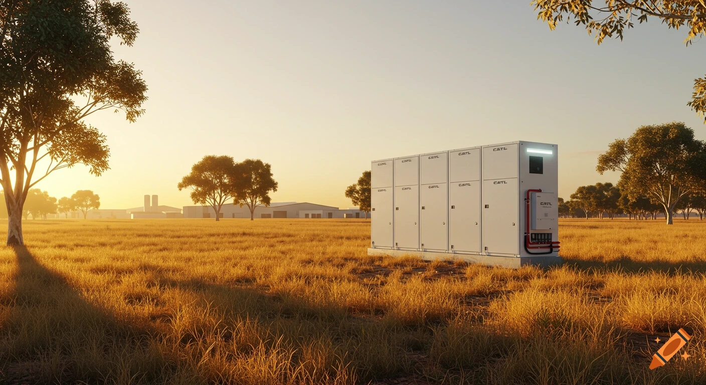 A large CATL battery energy storage system in a golden field at sunset ...