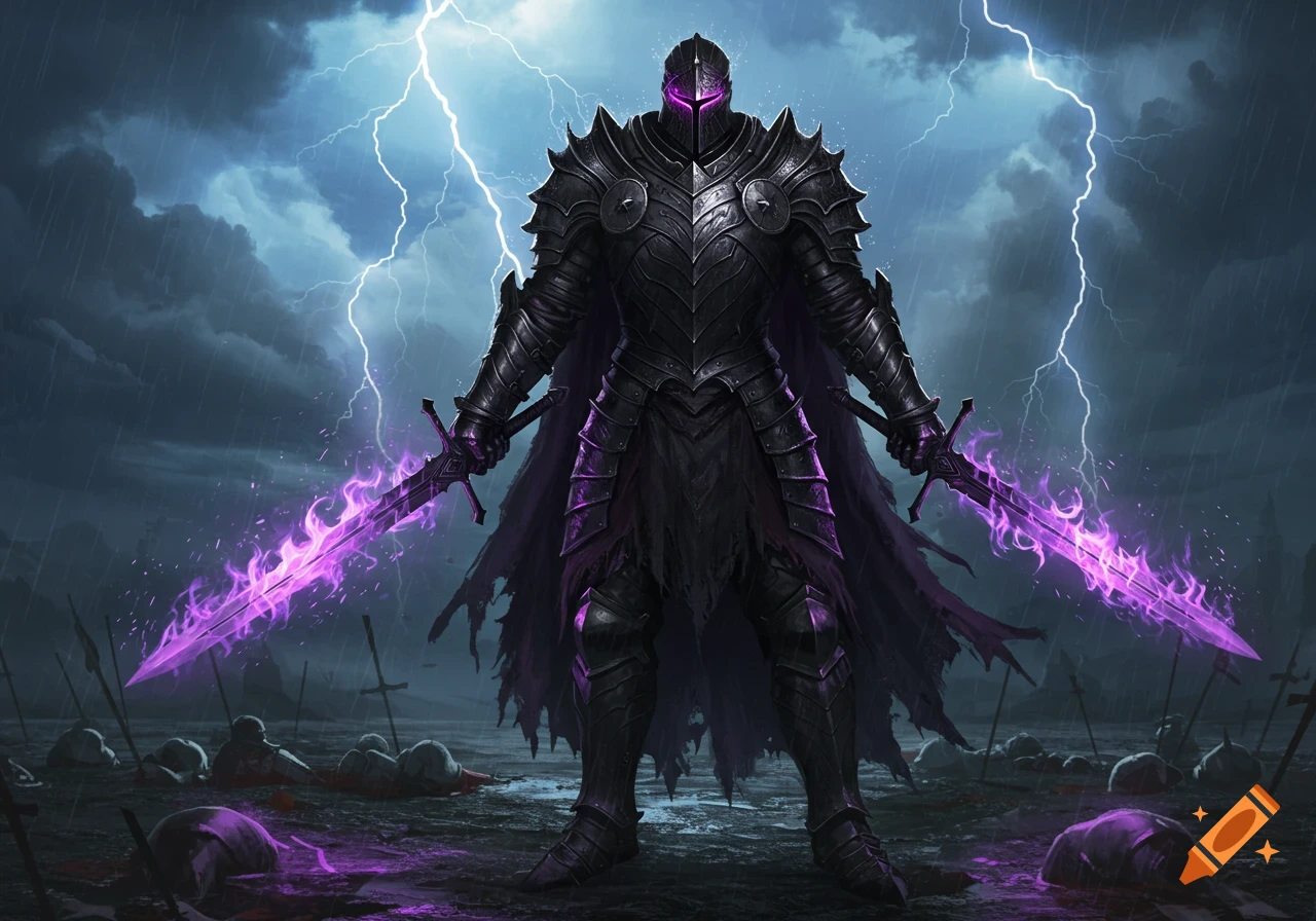 A dark knight in spiked black armor stands in a rainy, lightning-struck ...