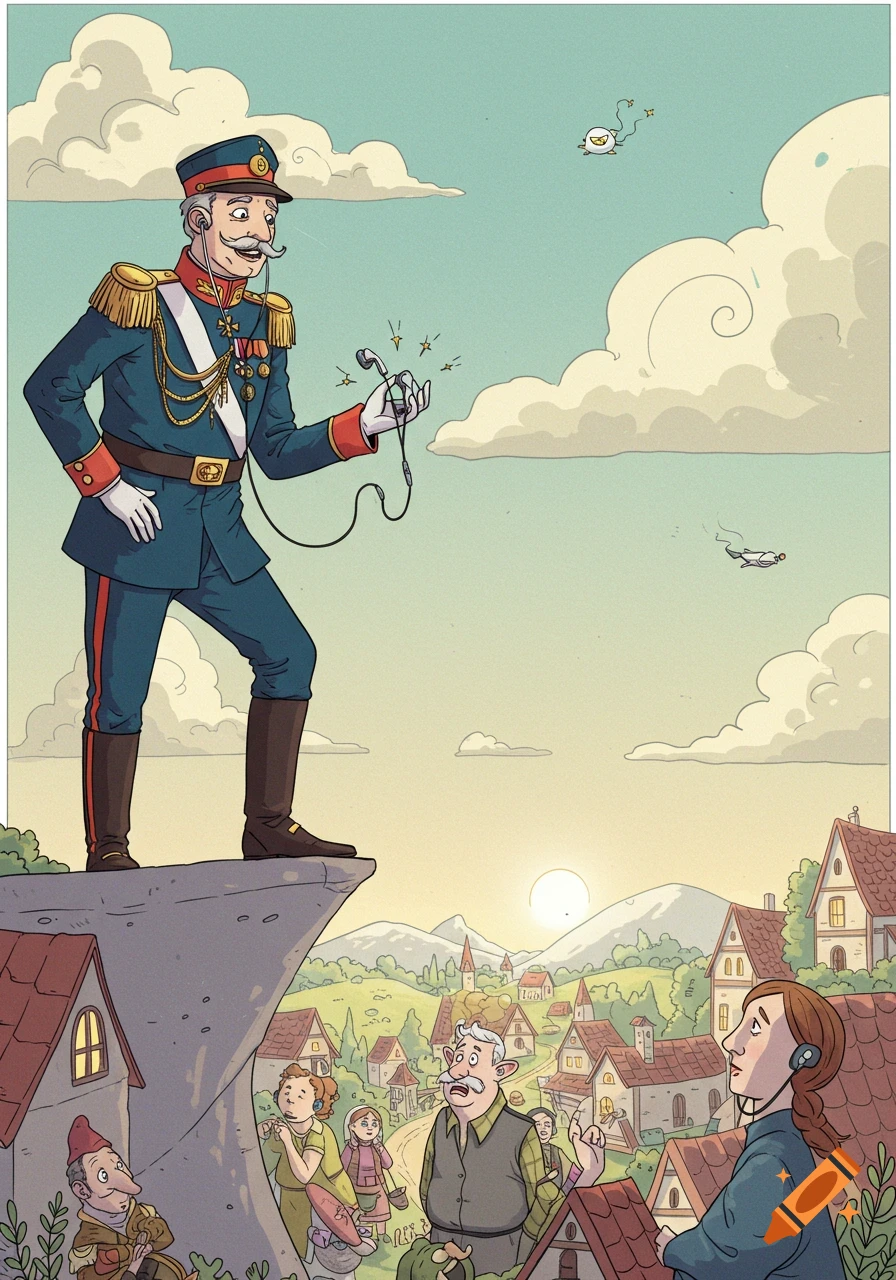Cartoon general in uniform with earphones on a cliff overlooking a ...