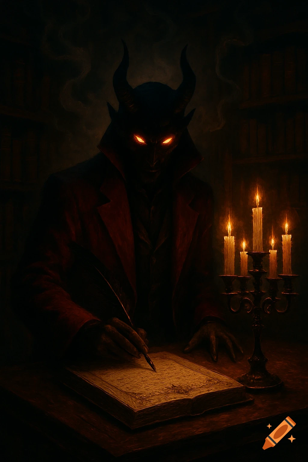 A horned devil with glowing red eyes sits at a dark desk, writing in a ...