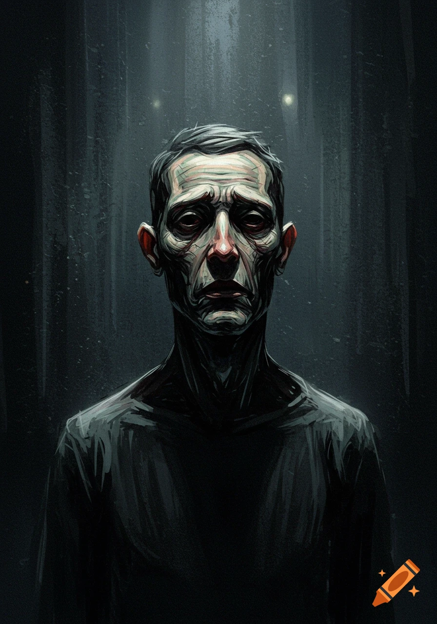 An artistic, crayon-style portrait of a gaunt man with a distorted ...