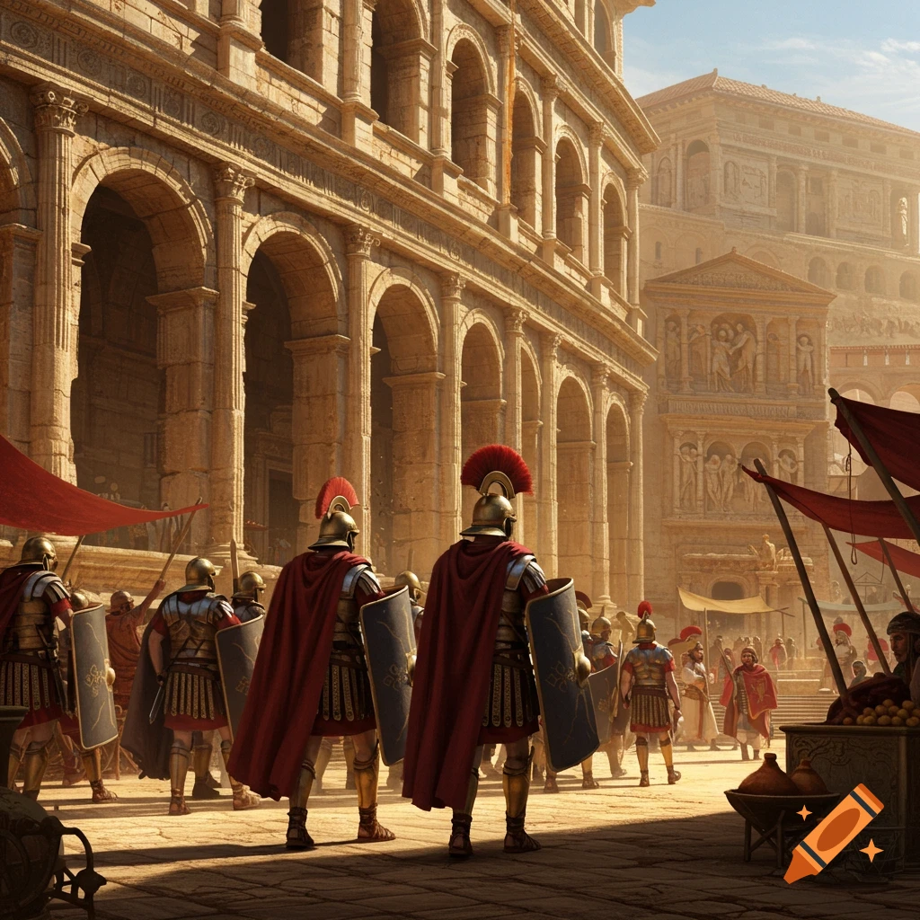 Roman soldiers in red cloaks stand in the bustling marketplace of an ...