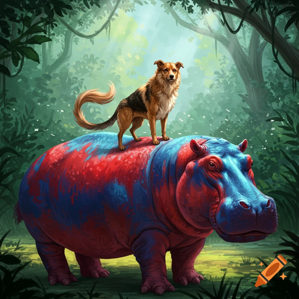 A brown and black dog stands on the back of a large hippopotamus ...