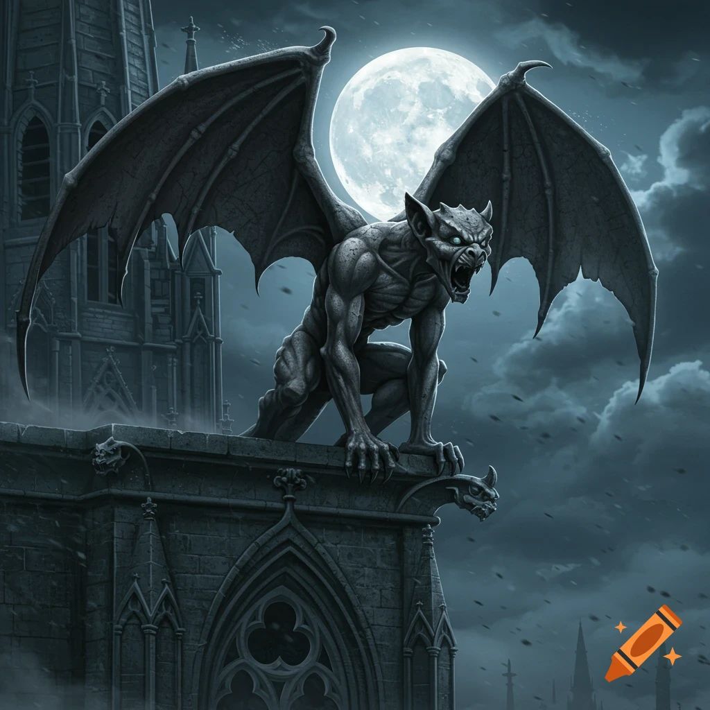 A monstrous gargoyle with large wings perched on a gothic cathedral ...