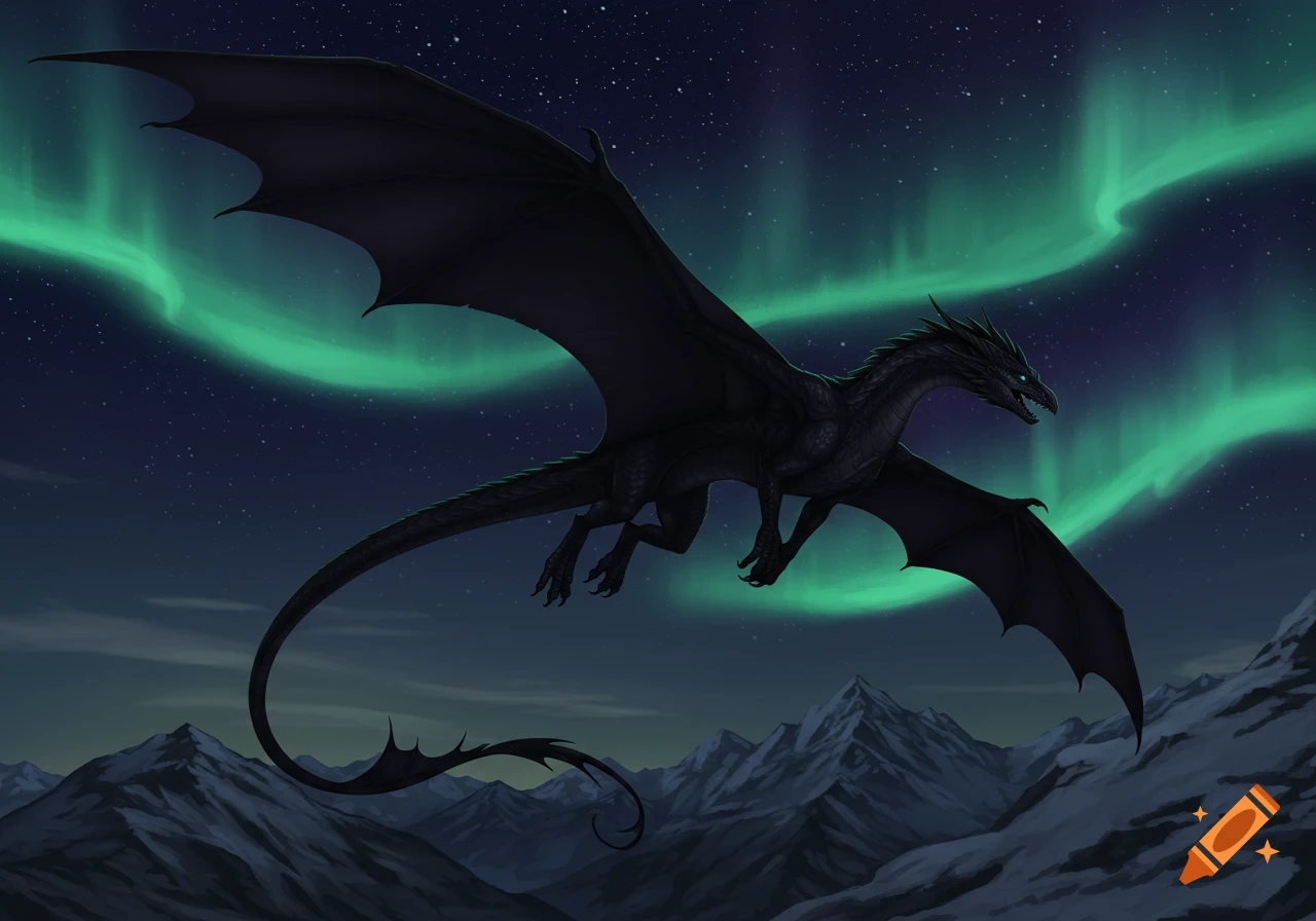 A dark dragon with glowing blue eyes flies under the northern lights ...