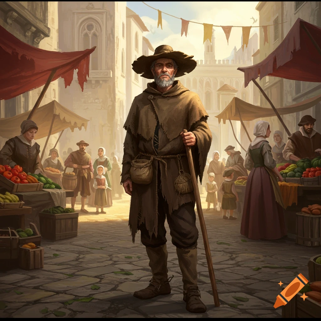 A man in a wide-brimmed hat and ragged brown clothes holds a staff in a ...