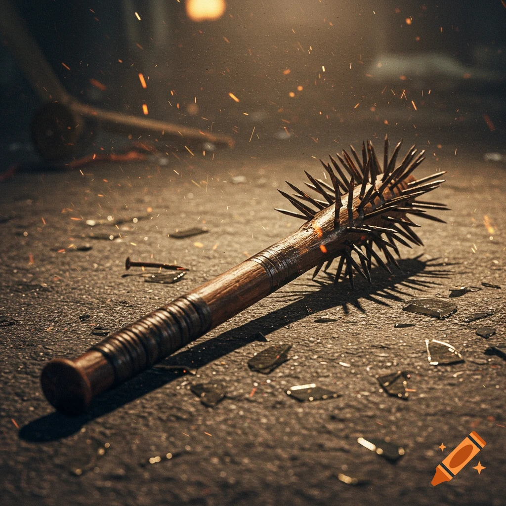 A dramatic, photorealistic close-up of a wooden baseball bat with sharp ...