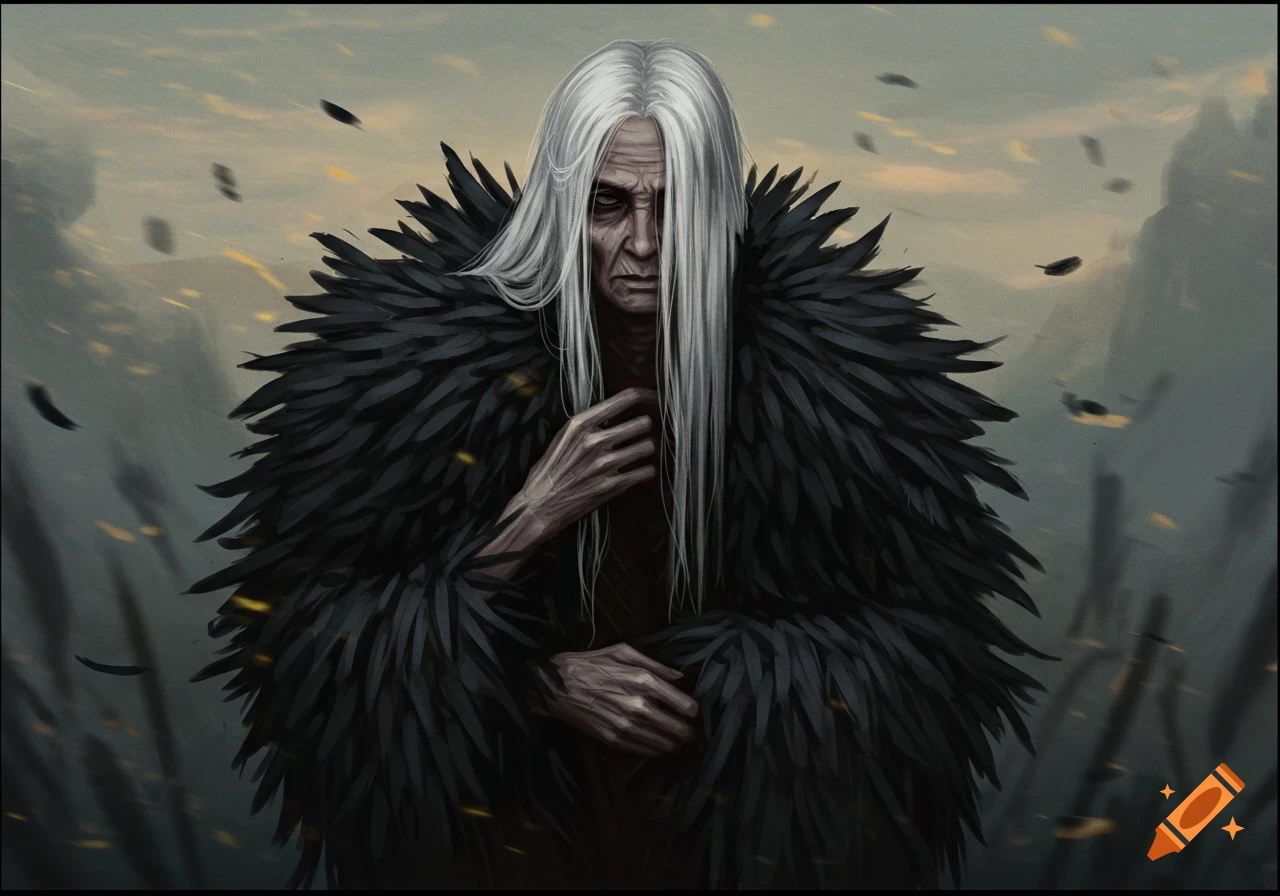 A somber old woman with long white hair and a black feather coat, her ...