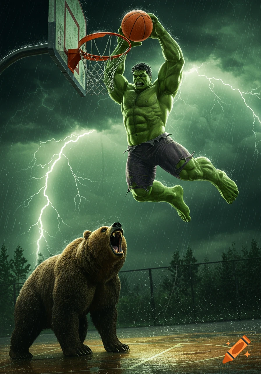 A green muscular Hulk dunks a basketball over a roaring brown bear on ...