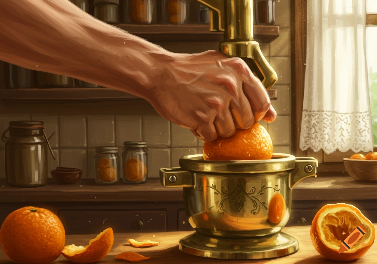 A close-up, painted-style image of a hand pressing an orange in a ...
