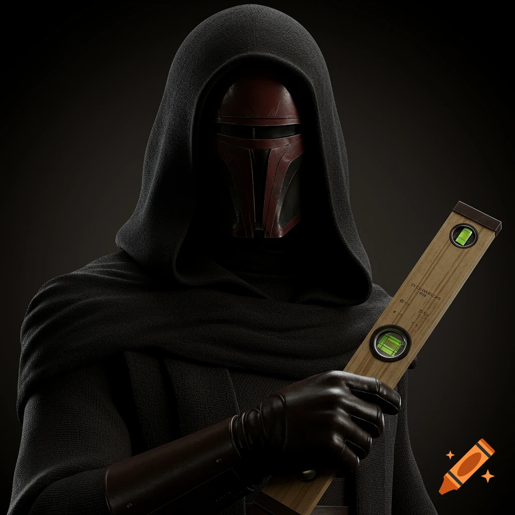 A photorealistic portrait of Darth Revan in a black hooded robe and red ...