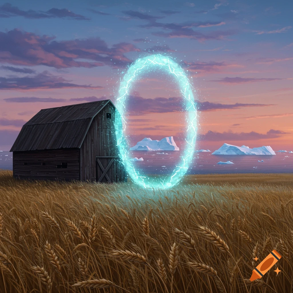 A glowing blue oval portal in a wheat field next to a barn, opening to ...