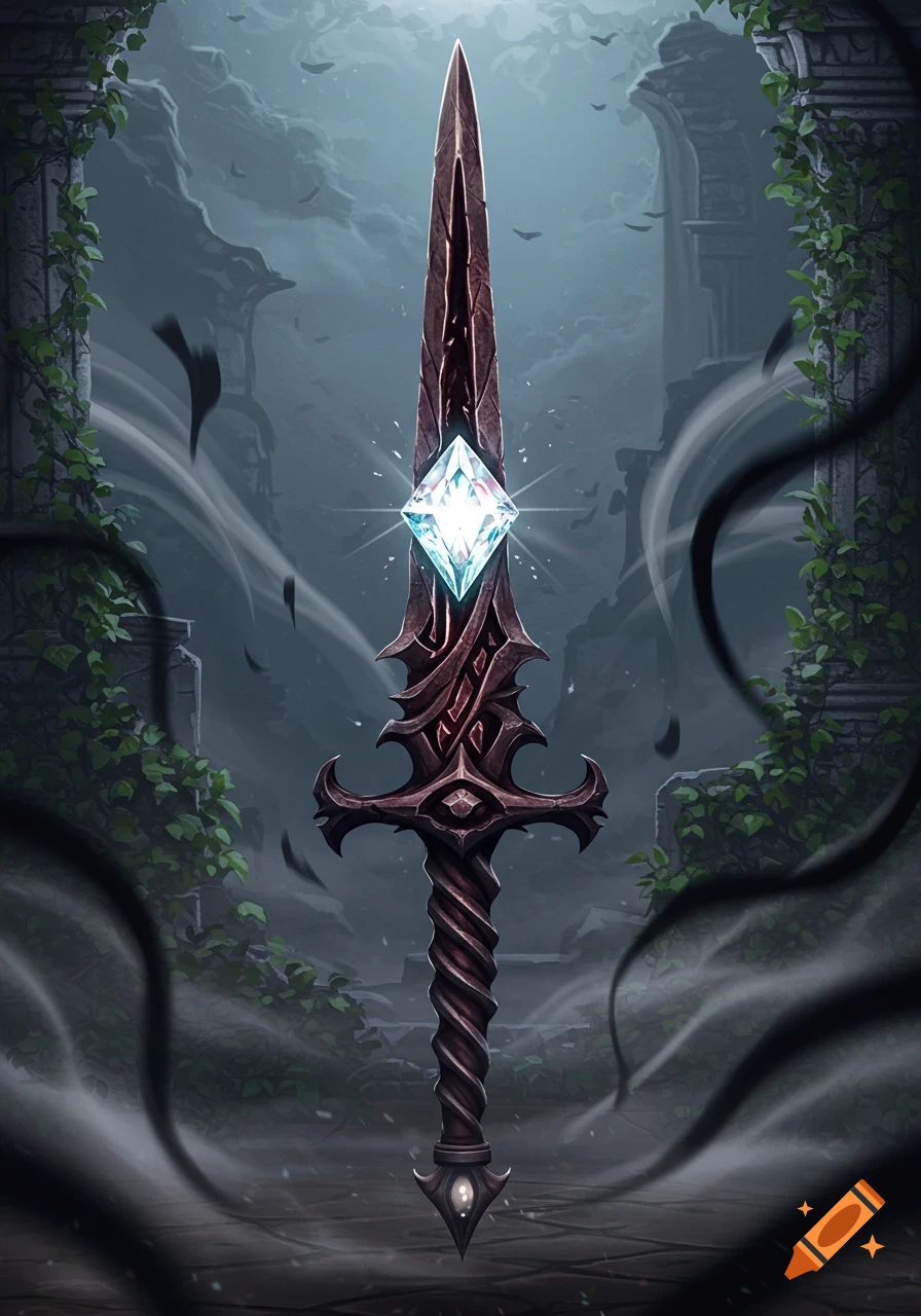 A dark, ornate fantasy sword with a glowing diamond in its hilt ...