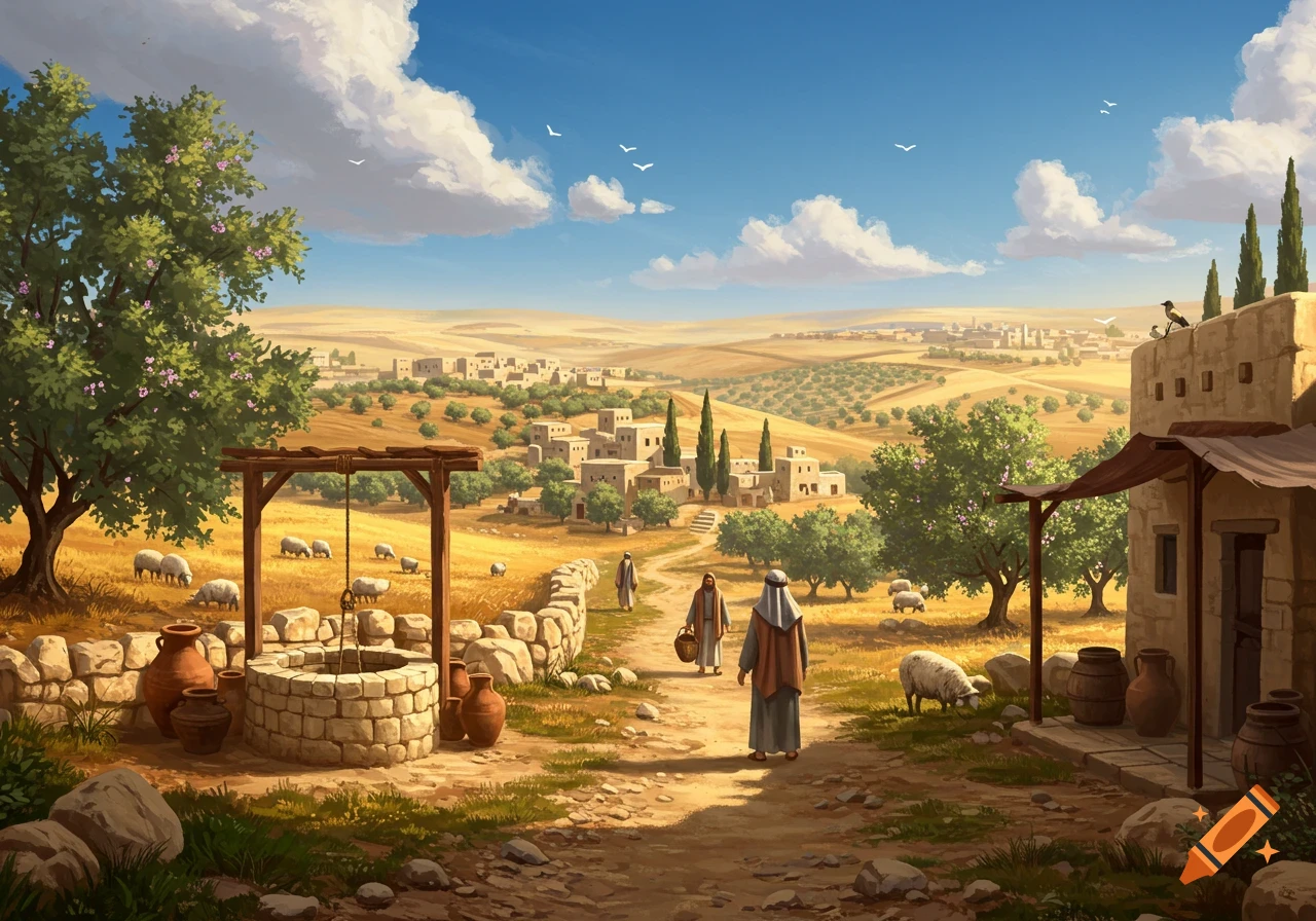 An illustration of an ancient Middle Eastern village with a well ...