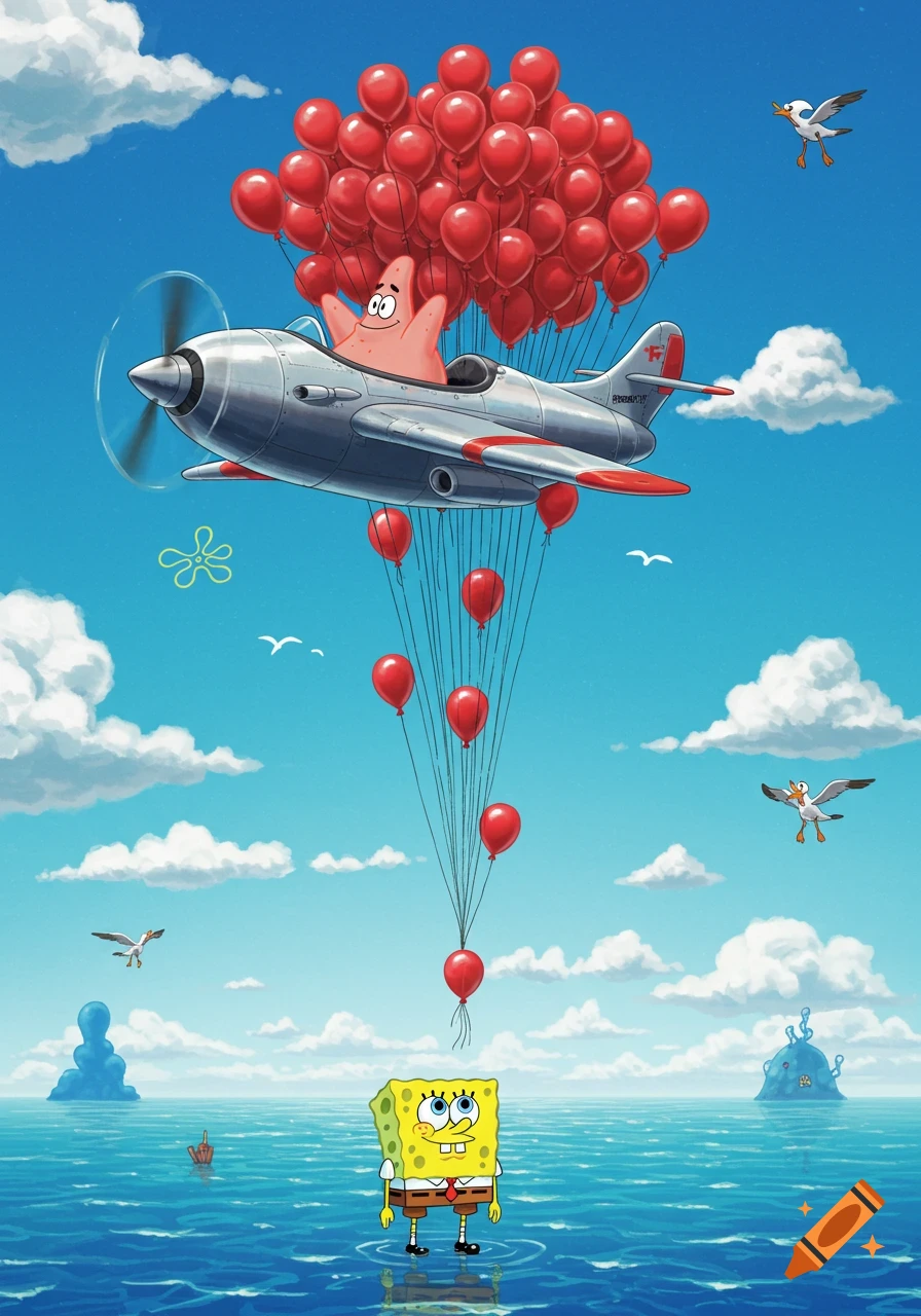 Patrick Star in a silver airplane with many red balloons flies above ...