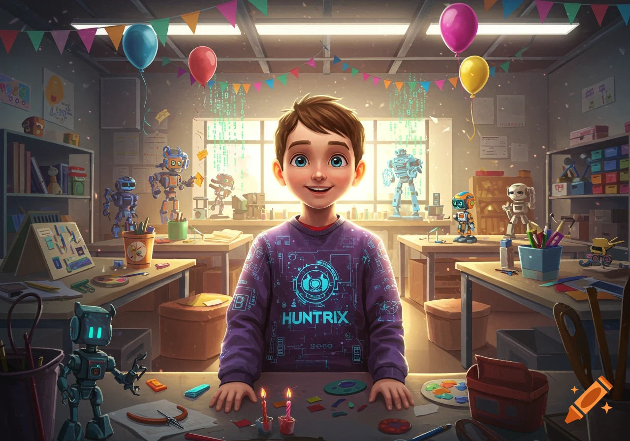 A smiling boy wearing a 'HUNTRIX' sweater stands in a festive ...