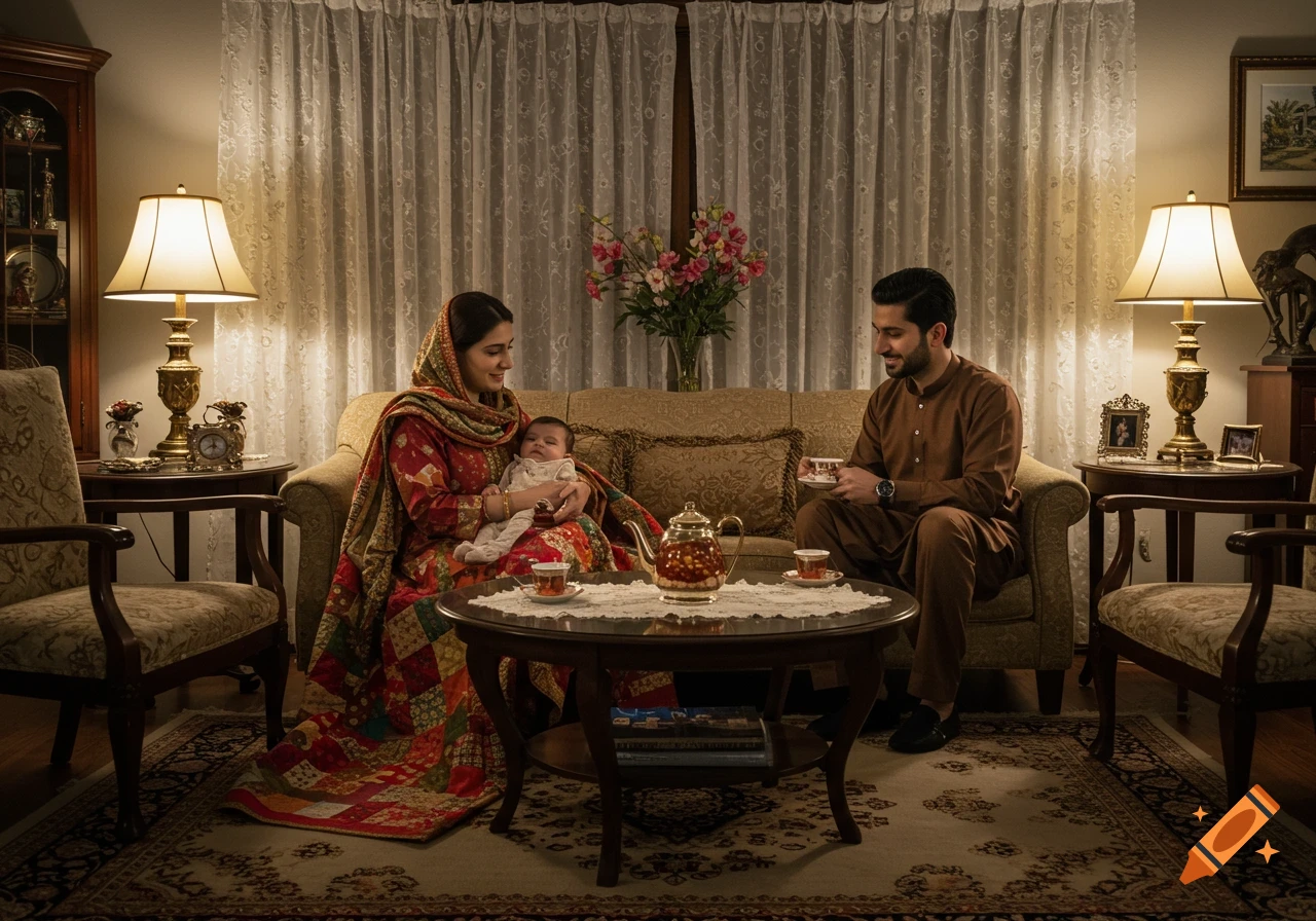 A Pakistani mother in traditional dress holds her baby while sitting on ...