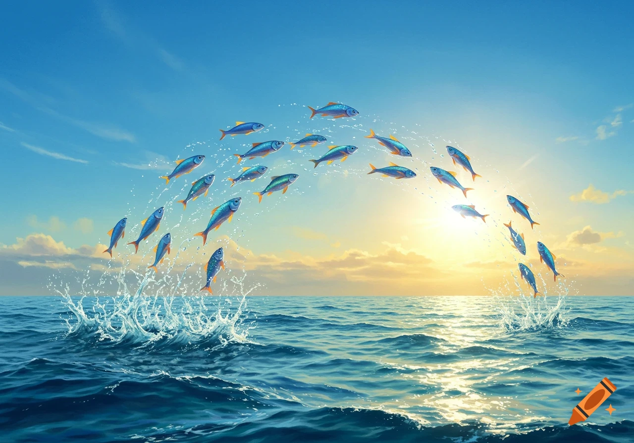 A school of colorful fish leap from the ocean in an arc against a ...