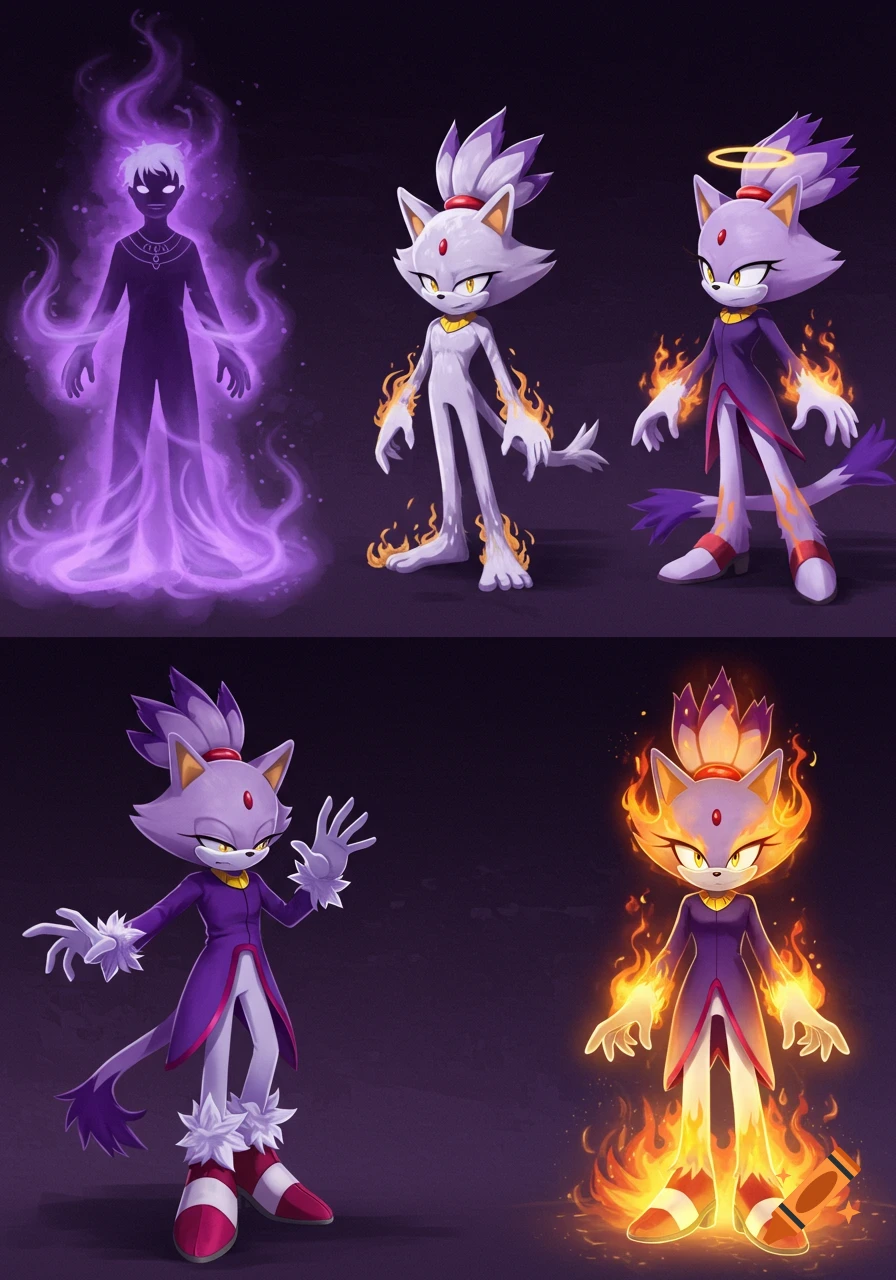 A multi-panel image depicting a purple human-like figure transforming ...