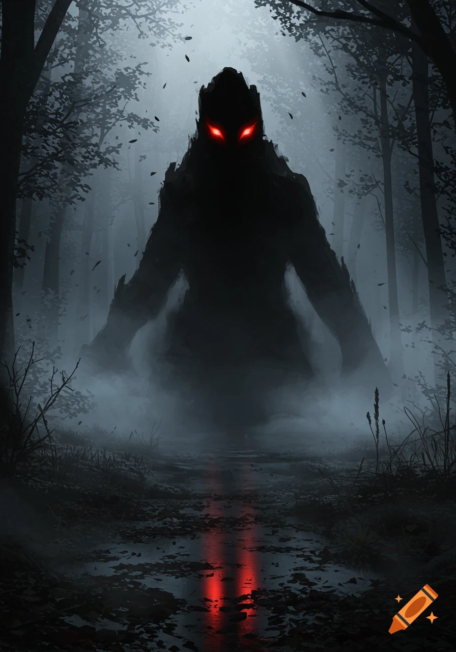 A shadowy monster with bright red glowing eyes stands menacingly in a ...