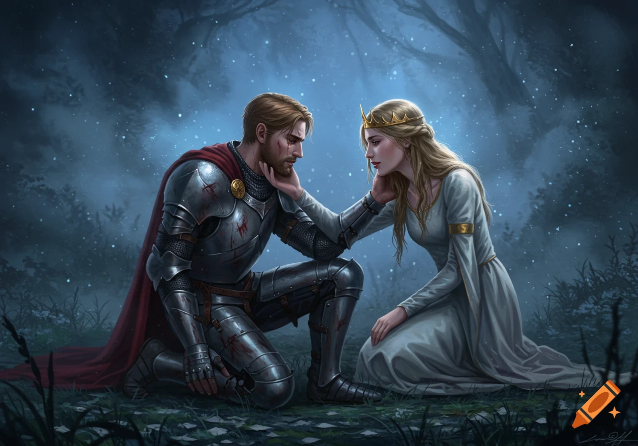 A wounded knight in armor kneels in a dark, misty forest while a ...