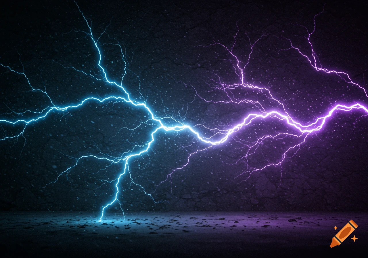 Blue and purple lightning bolts strike a dark, textured floor in a ...