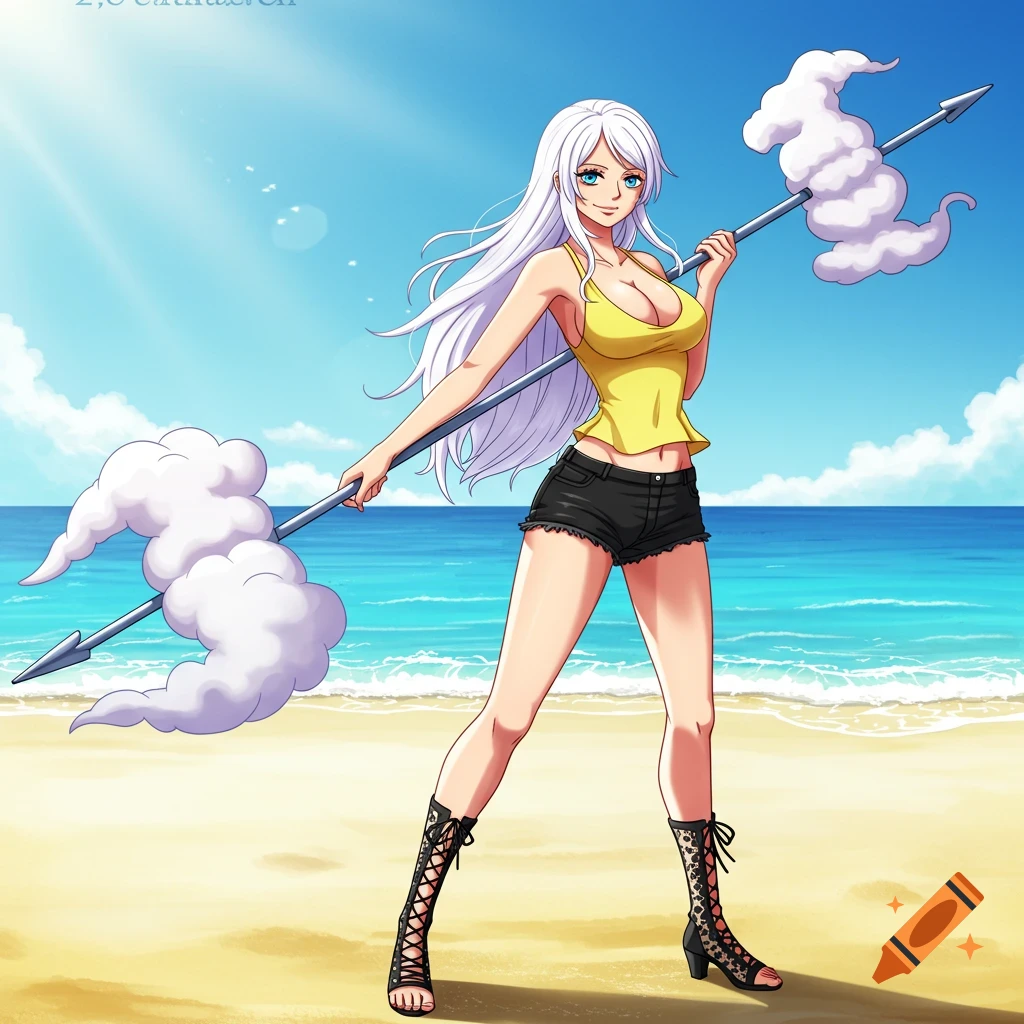 Anime woman with long white hair and blue eyes, wearing a yellow tank ...