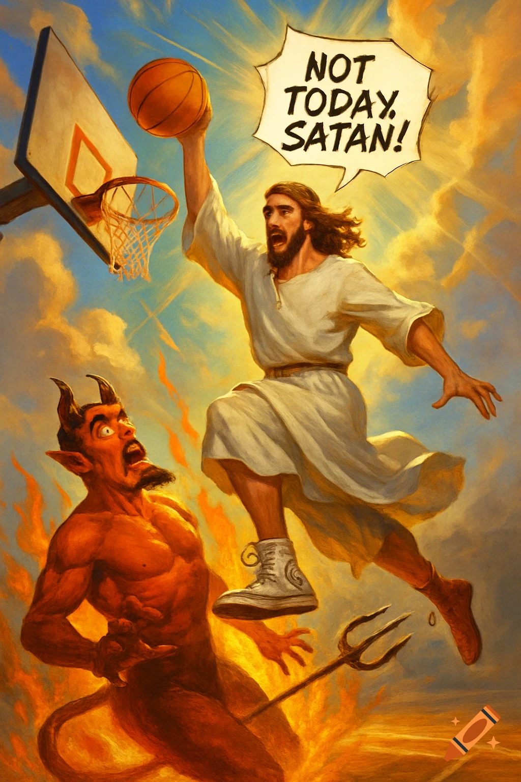 Illustrative painting of Jesus dunking a basketball over a shocked red ...