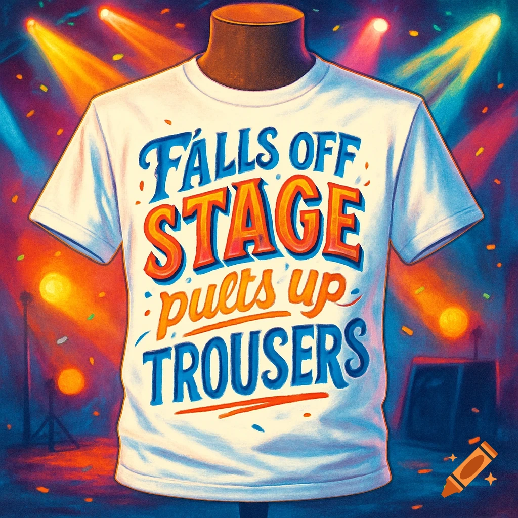 A white t-shirt on a mannequin with the phrase 'FALLS OFF STAGE puLls ...