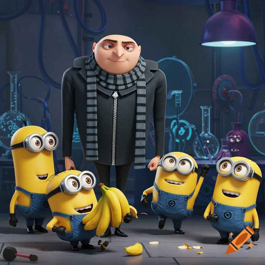 Gru and four Minions in a laboratory, one Minion happily holding a ...