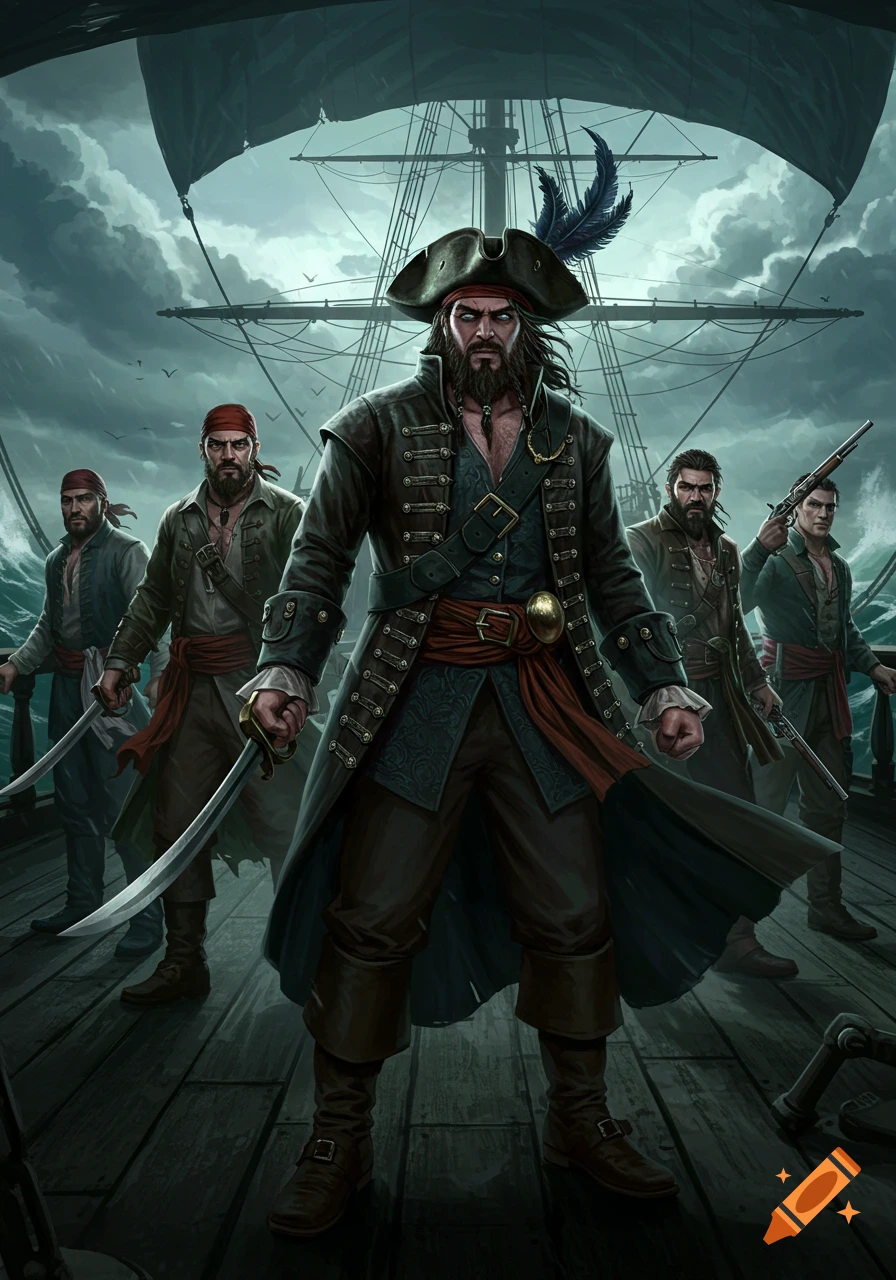 A crew of pirates, including a prominent leader, stand on a ship deck ...