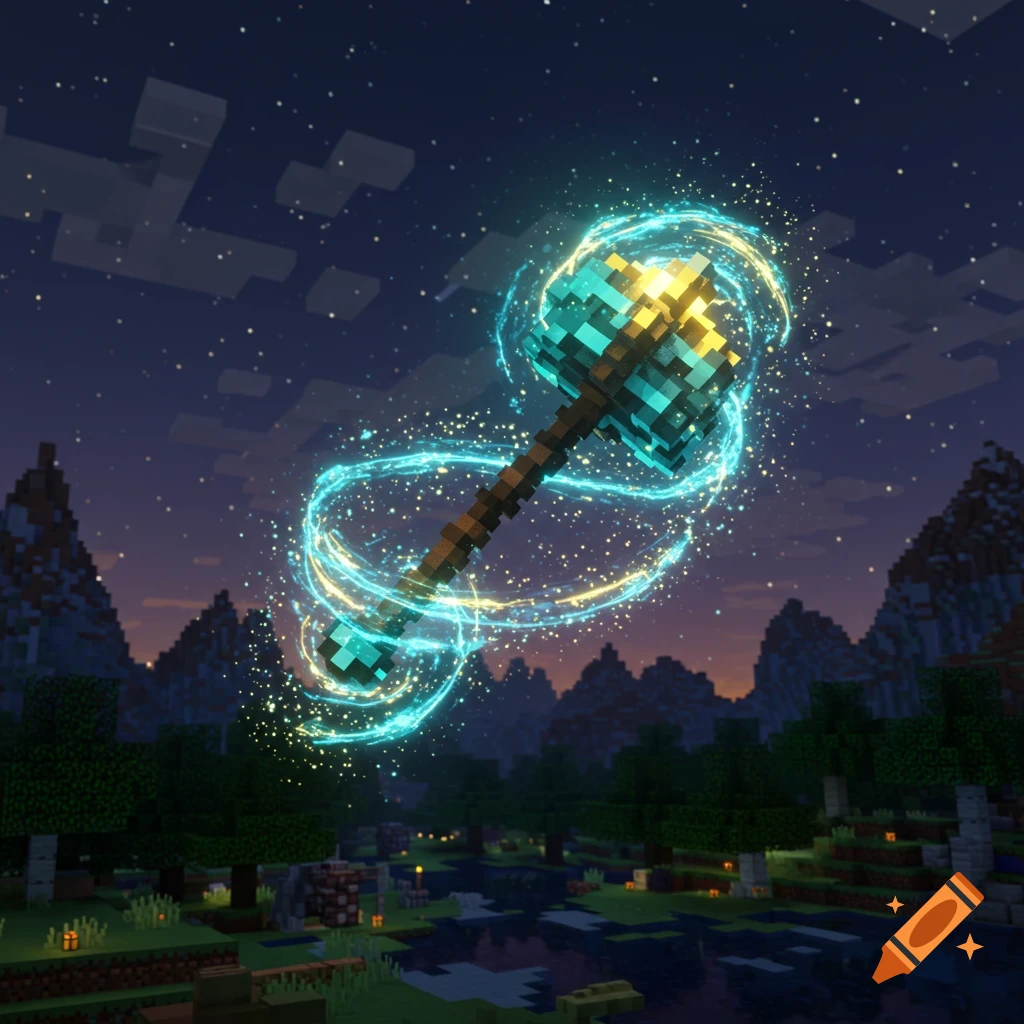 A pixelated Minecraft-style mace with glowing blue and gold magical ...