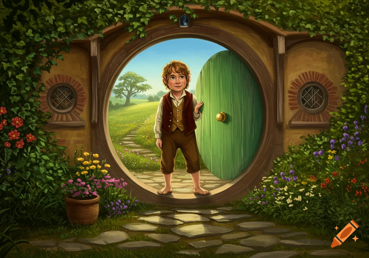 A young, barefoot hobbit with curly brown hair stands in an open, round ...