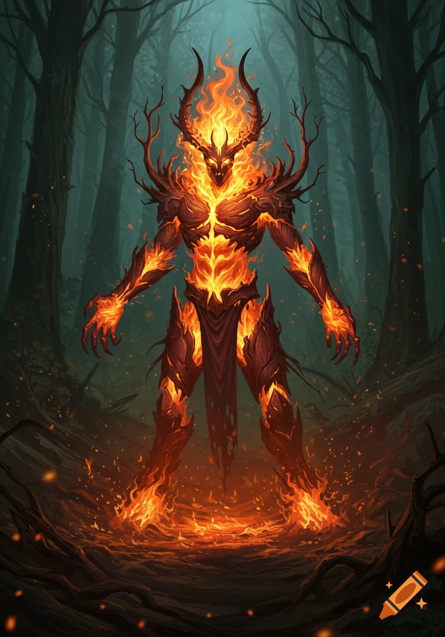 A horned, fiery elemental creature made of wood and flames stands in a ...