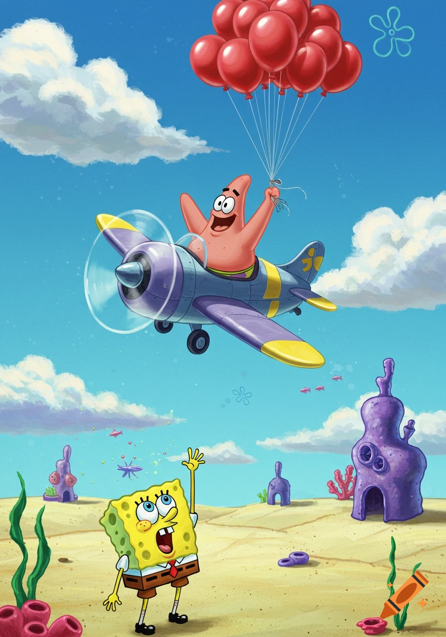 Patrick Star flies a purple plane with red balloons above Spongebob ...