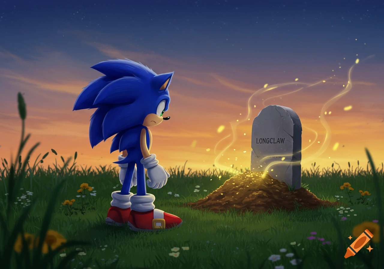 Sonic the Hedgehog stands solemnly by a glowing gravestone inscribed ...