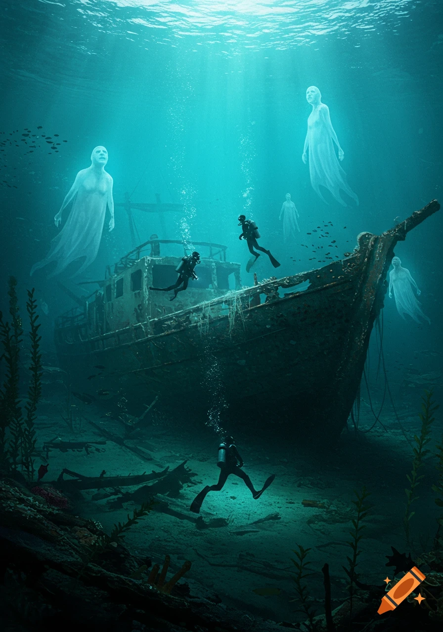 Three scuba divers explore a sunken ship in deep blue water, surrounded by ethereal, translucent ...