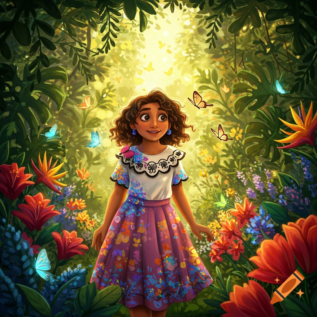 Vibrant illustration of Mirabel from Encanto in a sunny jungle with ...