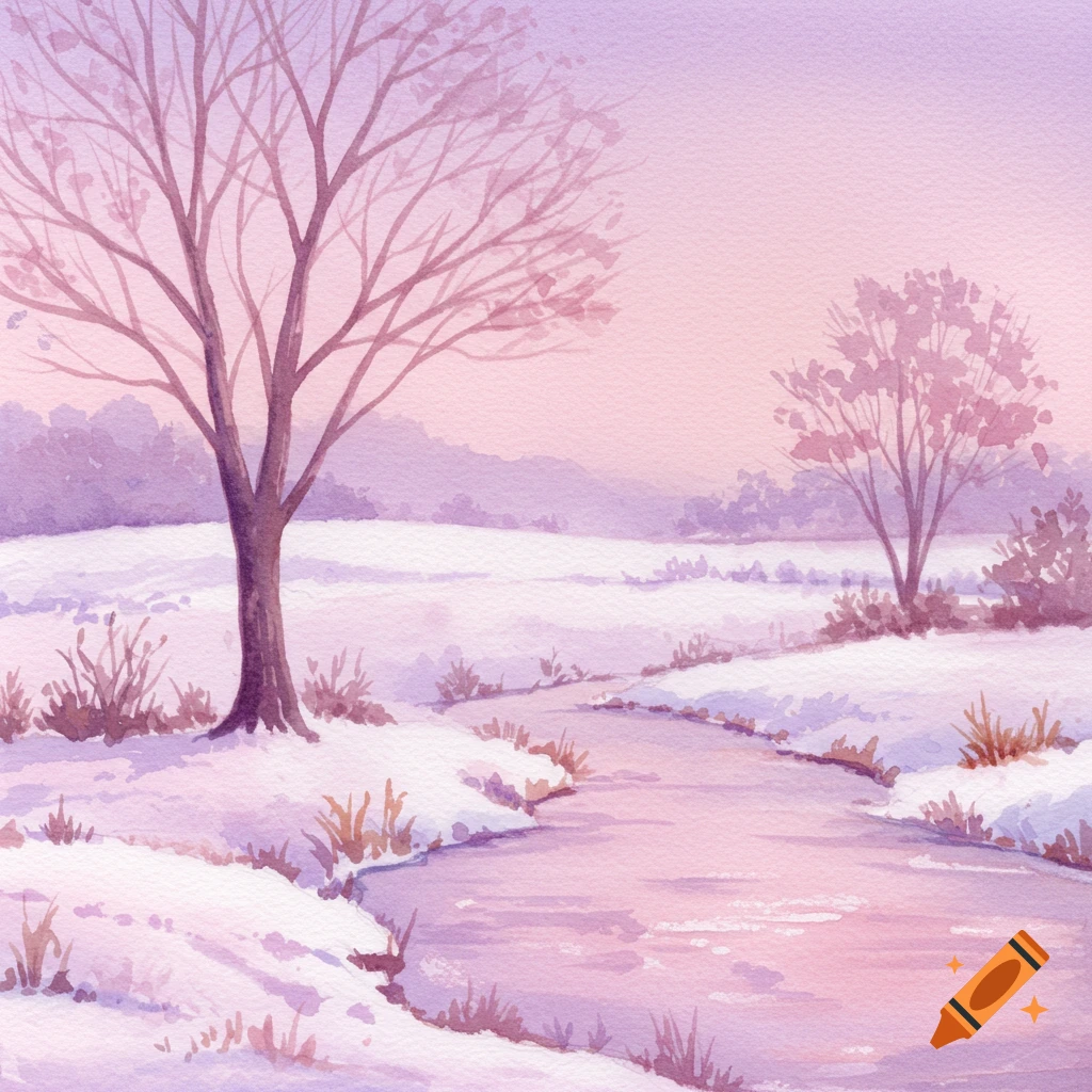 A watercolor painting of a quiet winter country scene with snow, a ...