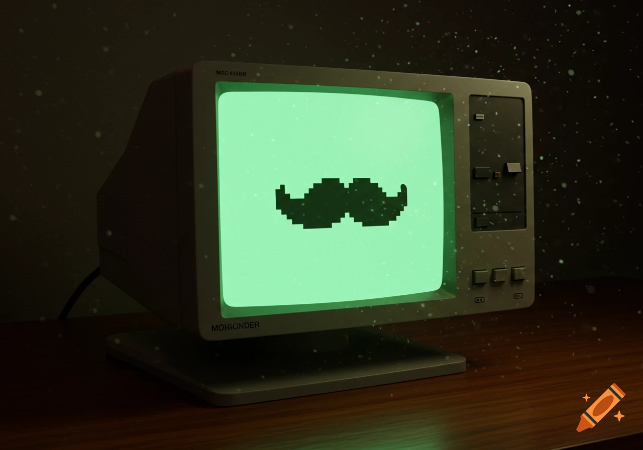 A retro CRT monitor displaying a pixel art mustache on a green screen ...