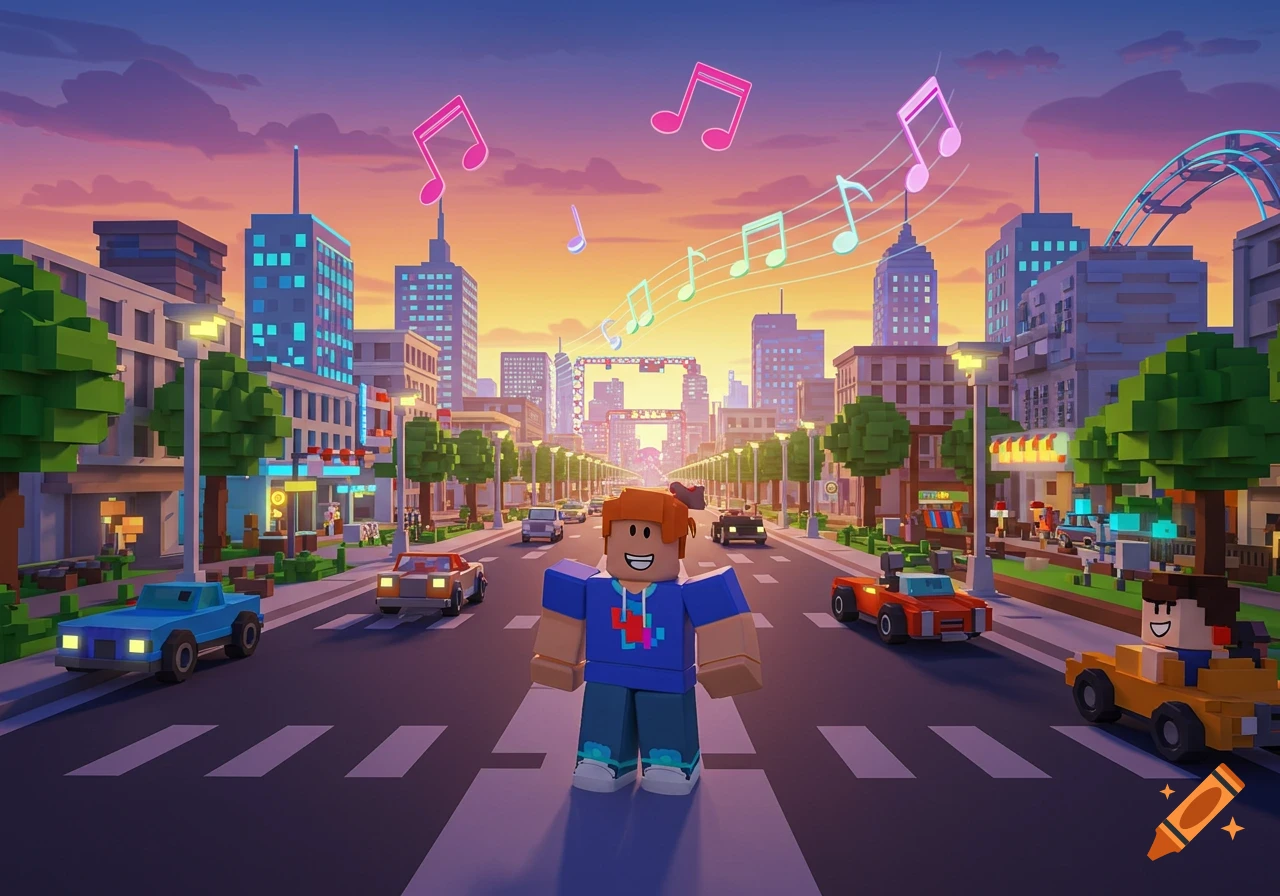 A smiling Roblox character in a blue shirt stands in a blocky city ...