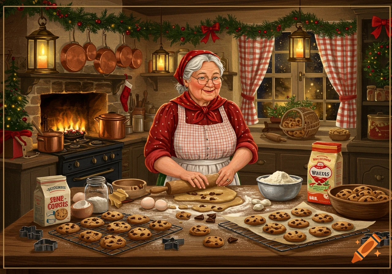 Mrs. Claus bakes chocolate chip cookies in a festive kitchen, in a ...