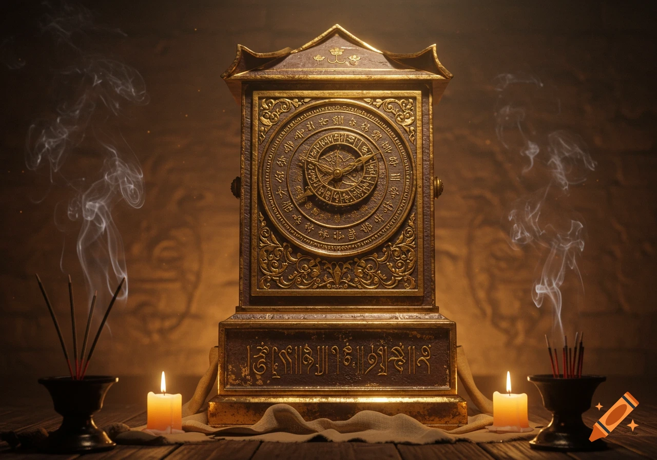 Ornate golden ancient clock or calendar with illegible symbols, flanked ...