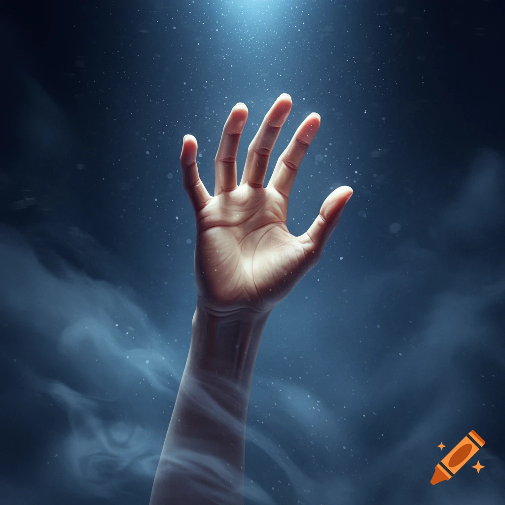 A human hand reaches from a dark, misty abyss towards a light source ...