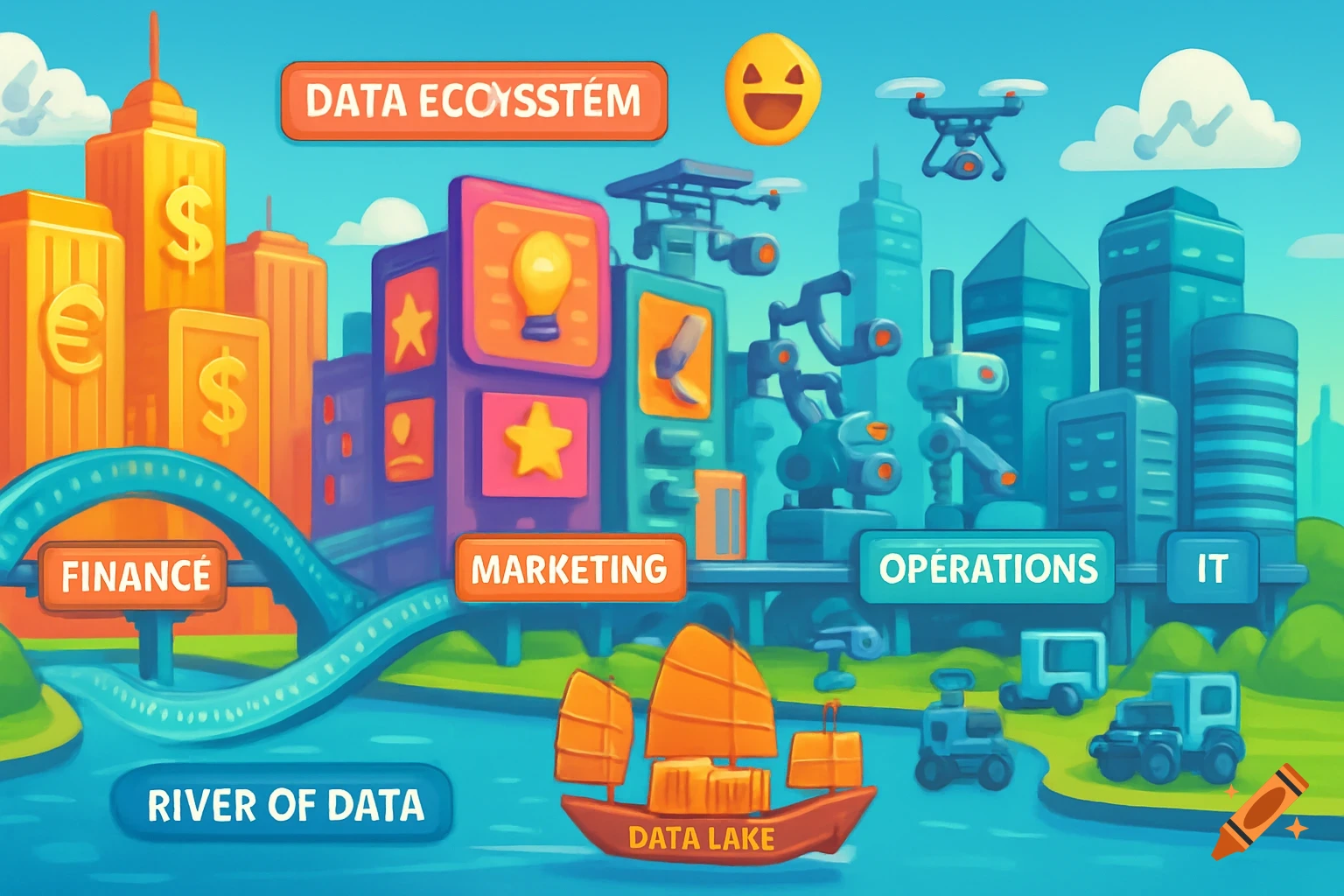 Colorful cartoon infographic city illustrating a data ecosystem with ...