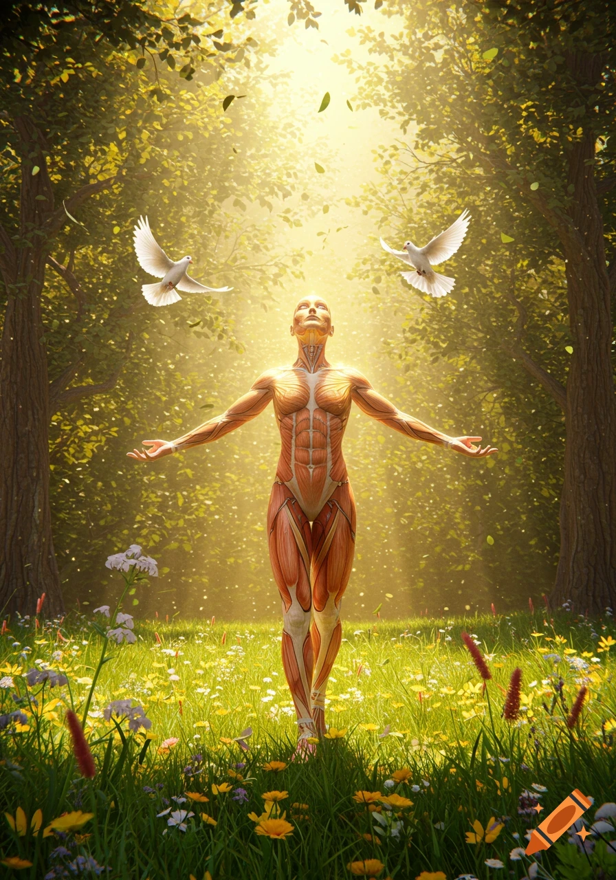 A muscular anatomical figure stands in a sunlit forest with ...
