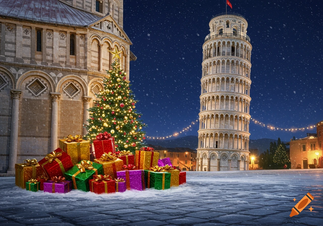 The Leaning Tower of Pisa and a cathedral at night, with a decorated ...