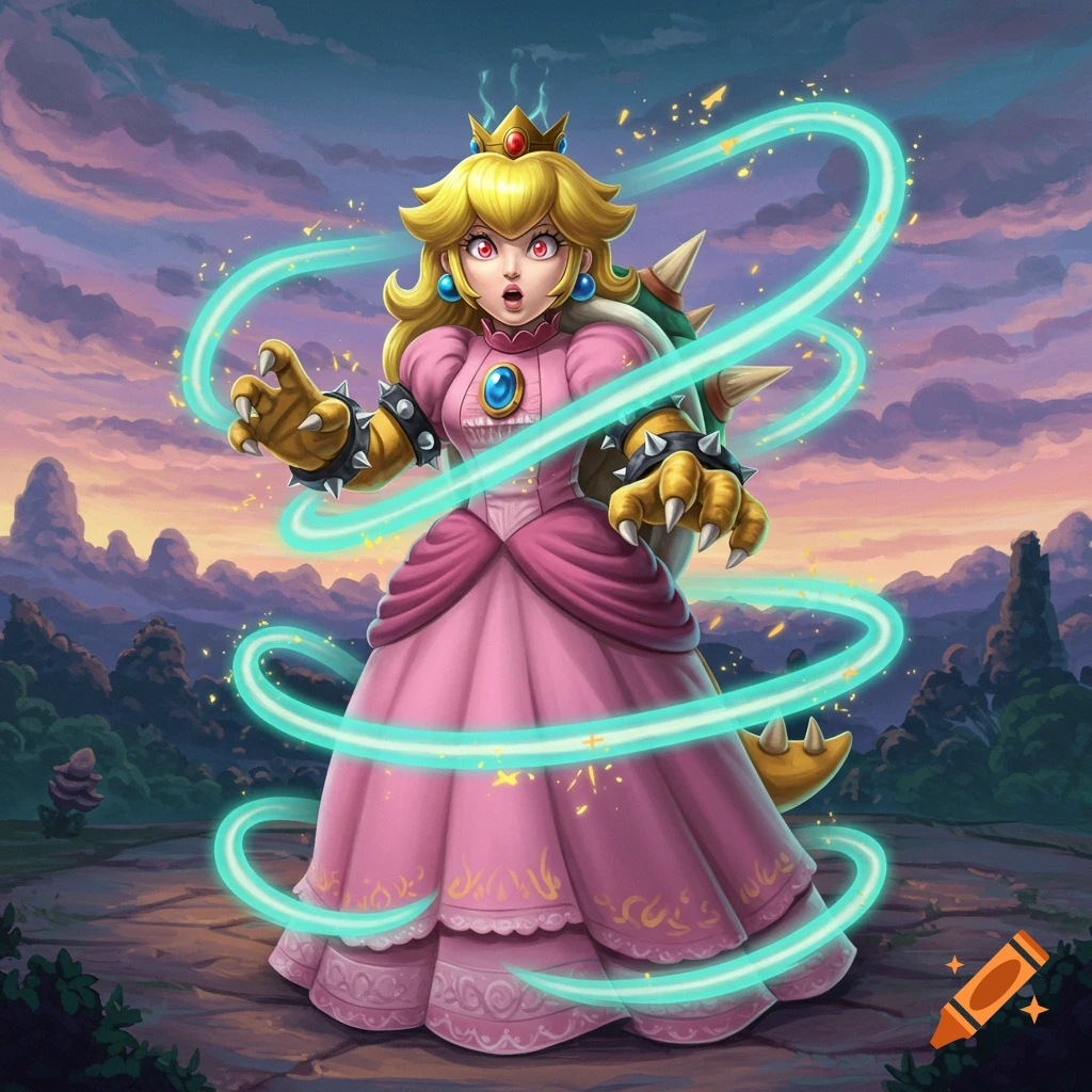 Princess Peach in mid-transformation with Bowser's shell, claws, and ...