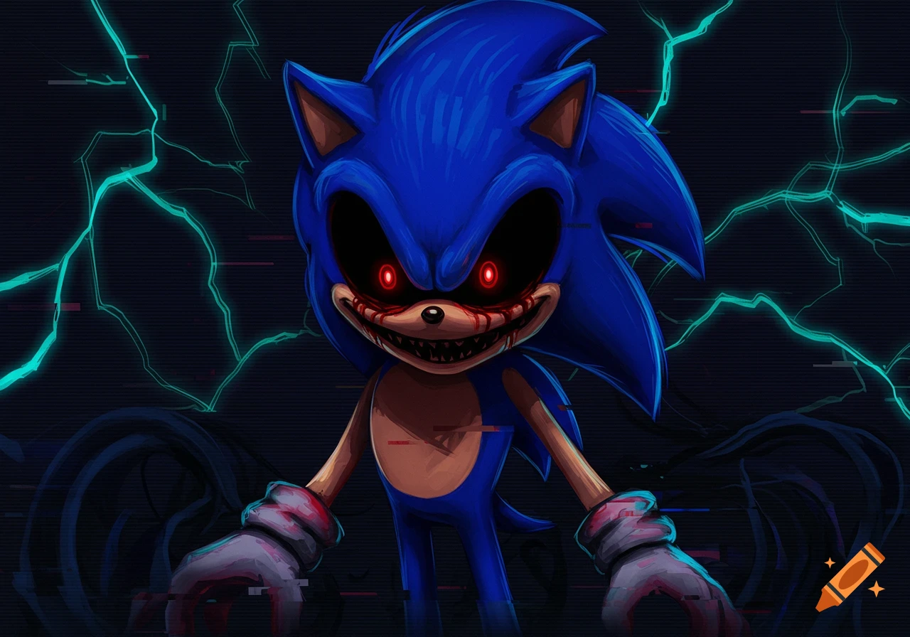 A monstrous Sonic.exe with glowing red eyes, sharp teeth, and bloody ...