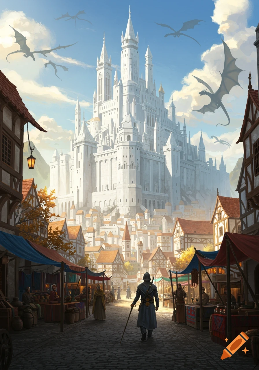 A grand white castle overlooks a bustling medieval fantasy city with ...